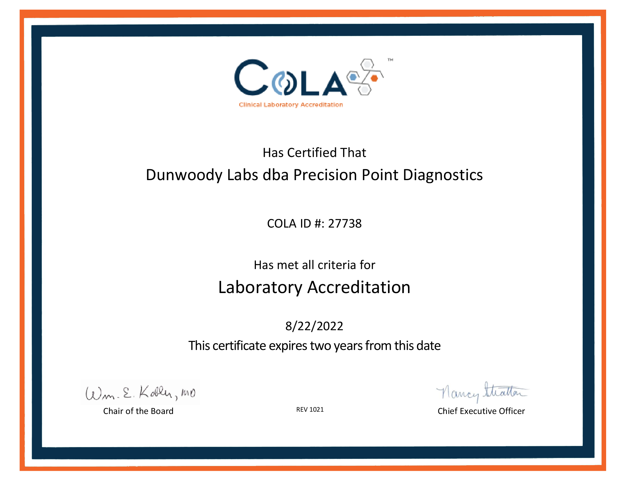 Certificado COLA – Wellness Diagnostics & Nutrition Labs